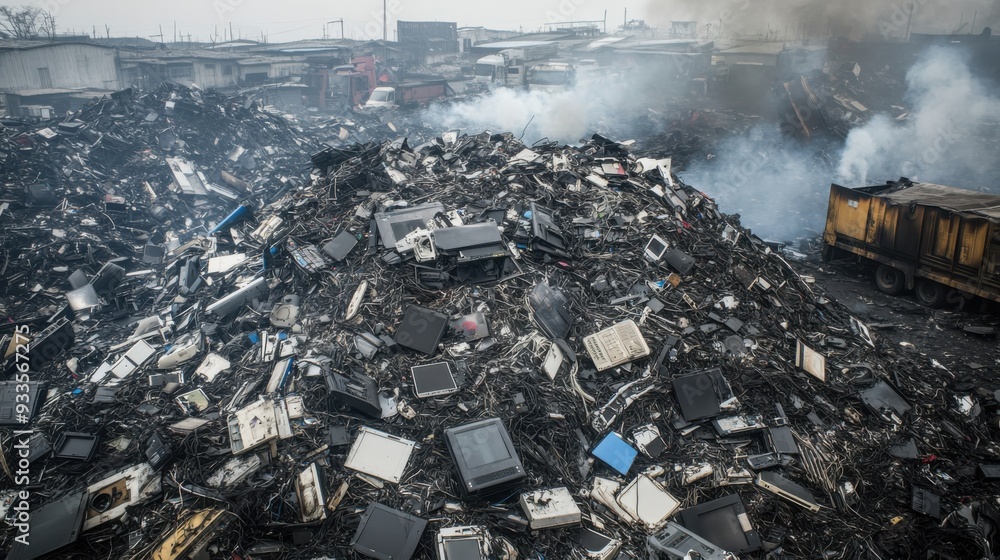 Massive mountain of electronic waste with broken electronic devices at ...