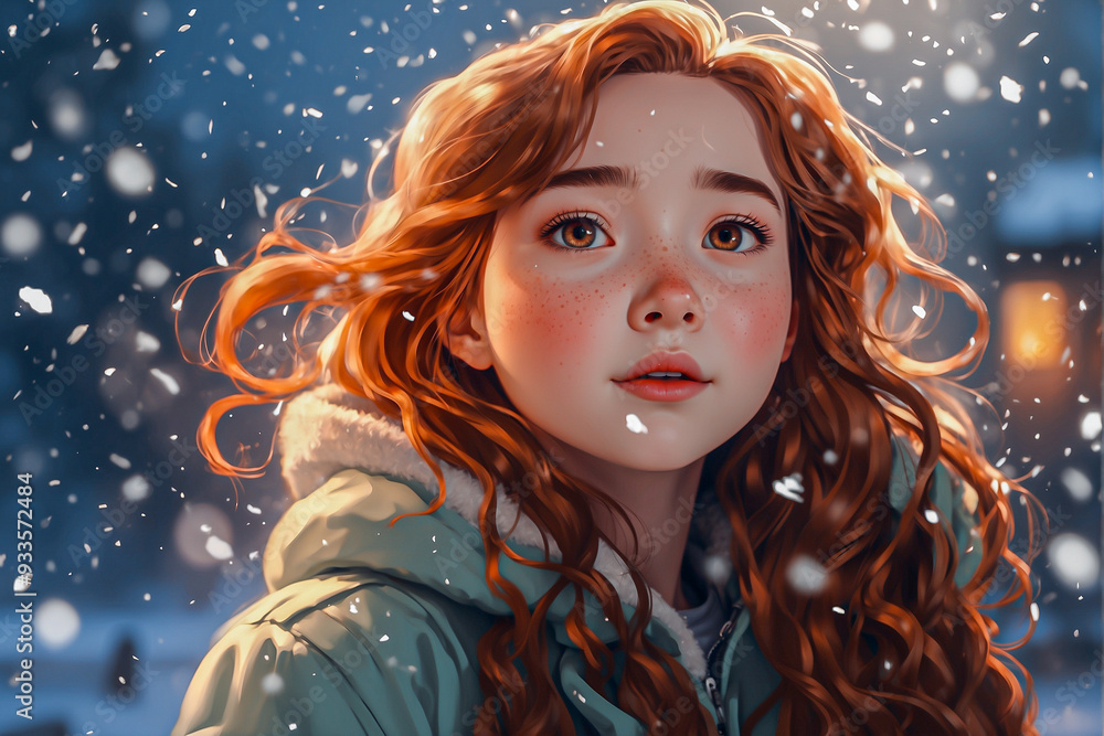 Young cartoon red hear girl with freckles admires the falling ...