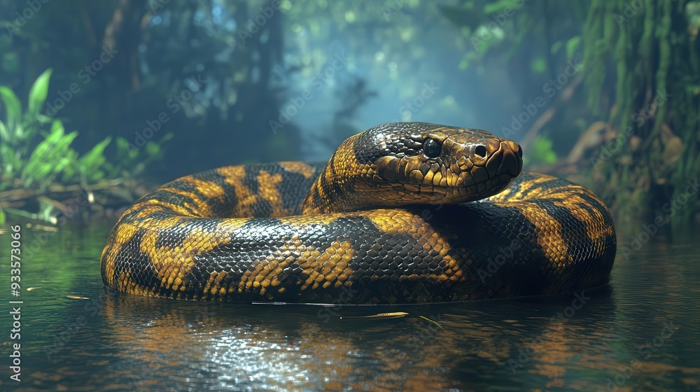 4K Realistic Massive anaconda coiled on riverbank, rainforest, Stock ...