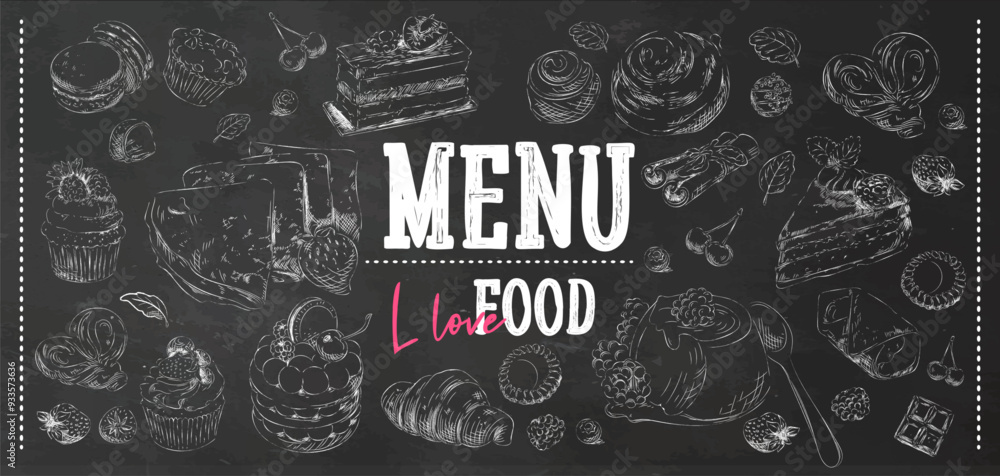 Chalkboard menu featuring hand-drawn sketches of various desserts ...