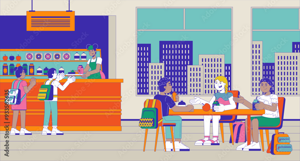 School cafeteria with kids cartoon flat illustration. Canteen lunchroom ...
