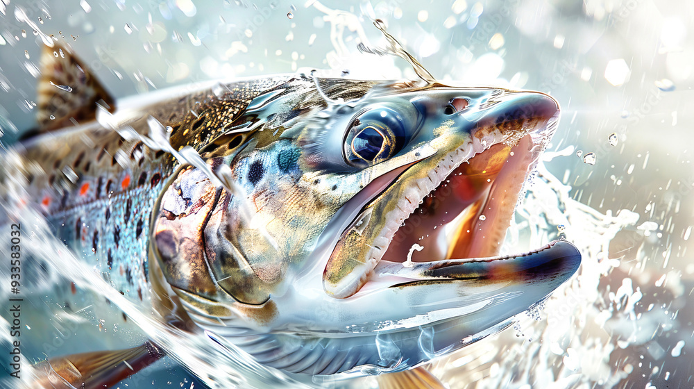 An angry trout bursts through the water's surface, sending splashes all ...