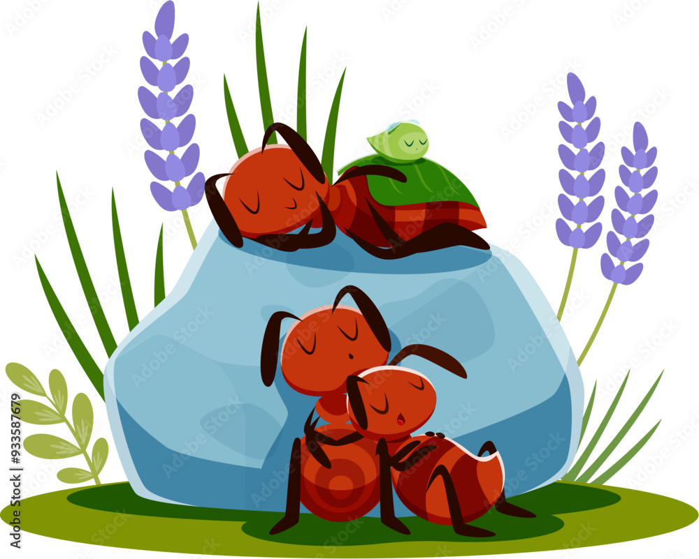 Ants family characters sleeping on meadow, funny termite insects in ...