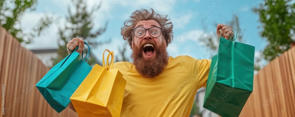 Excited Shopper Jumps in the Air with Shopping Bags, Expressing Joy and ...
