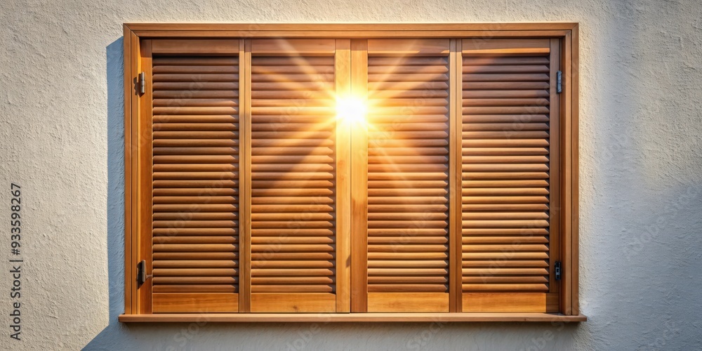 Closed outdoor window shutter with sunlight filtering through the slats ...