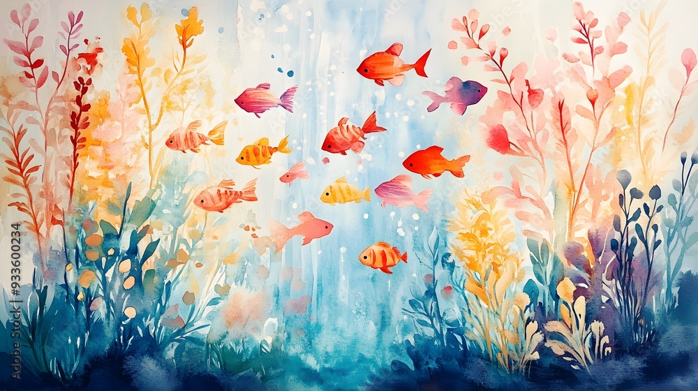 Pastel-hued watercolor painting of an aquarium, brimming with colorful ...