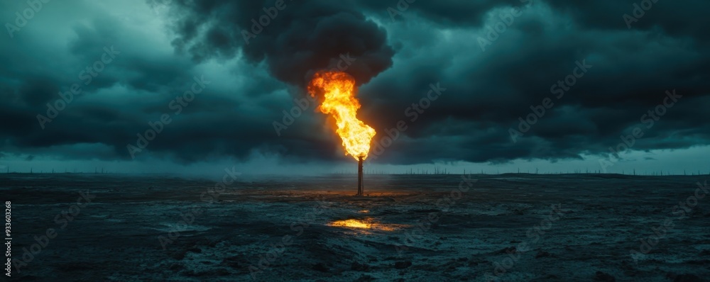 Dramatic close-up view of a gas flare stack against stormy skies in ...