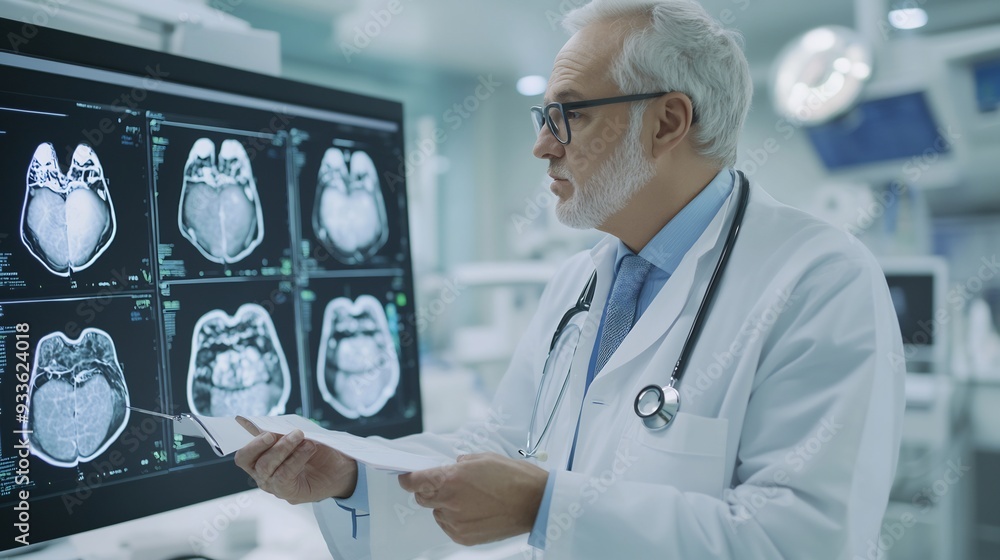 Cardiologist examining heart scans advanced medical equipment in a ...