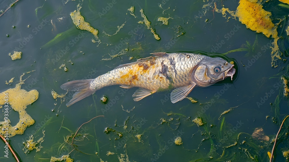 Photograph of a polluted lake with dead fish floating on the surface ...