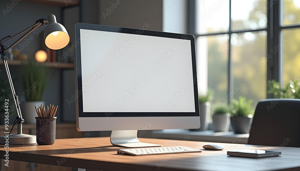 Modern office desk with blank screen computer monitor, Computer screen ...