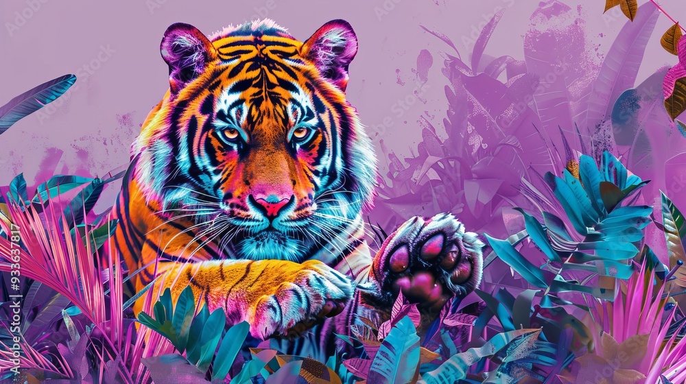 colorful tiger in the jungle with pink, purple, blue background in ...
