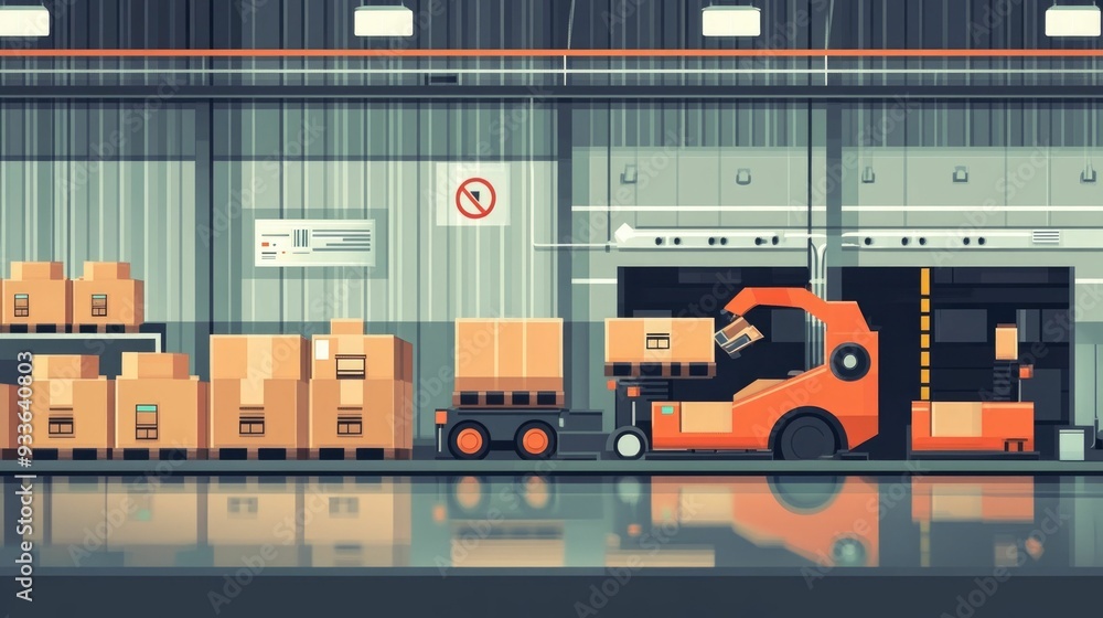 Flat design of automated warehouse robots efficiently moving and transporting cargo packages ...
