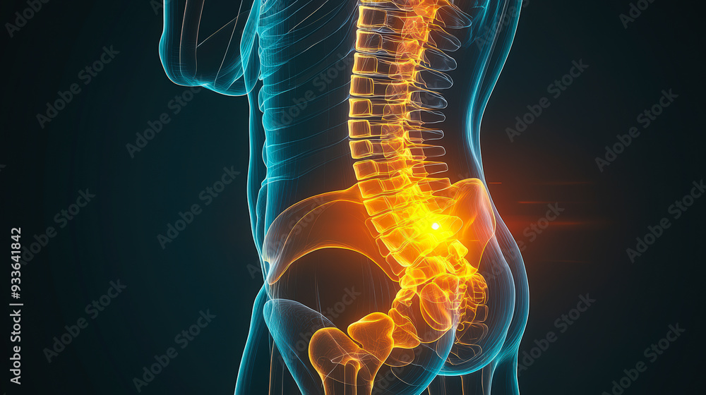 A digital rendering of a human spine, highlighting the vertebrae and ...