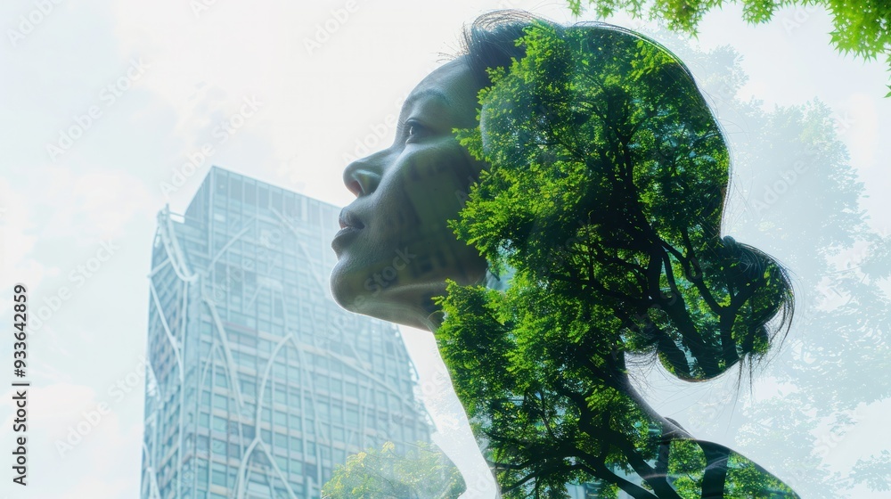 Double exposure of person thinking about green city, sustainability ...