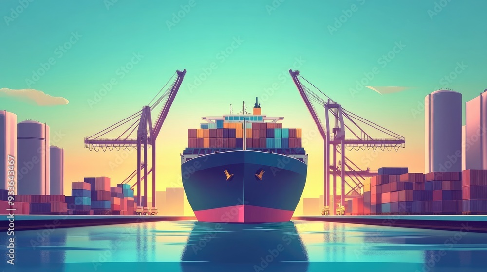 Cargo ship at a busy shipyard flat design front view logistics theme ...