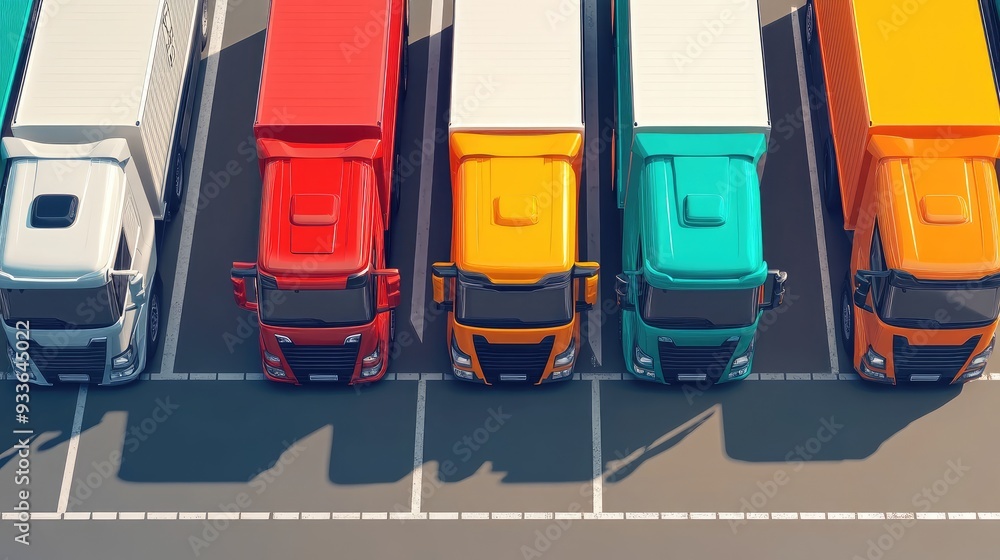 Transport trucks lining up at a shipyard flat design top view freight ...