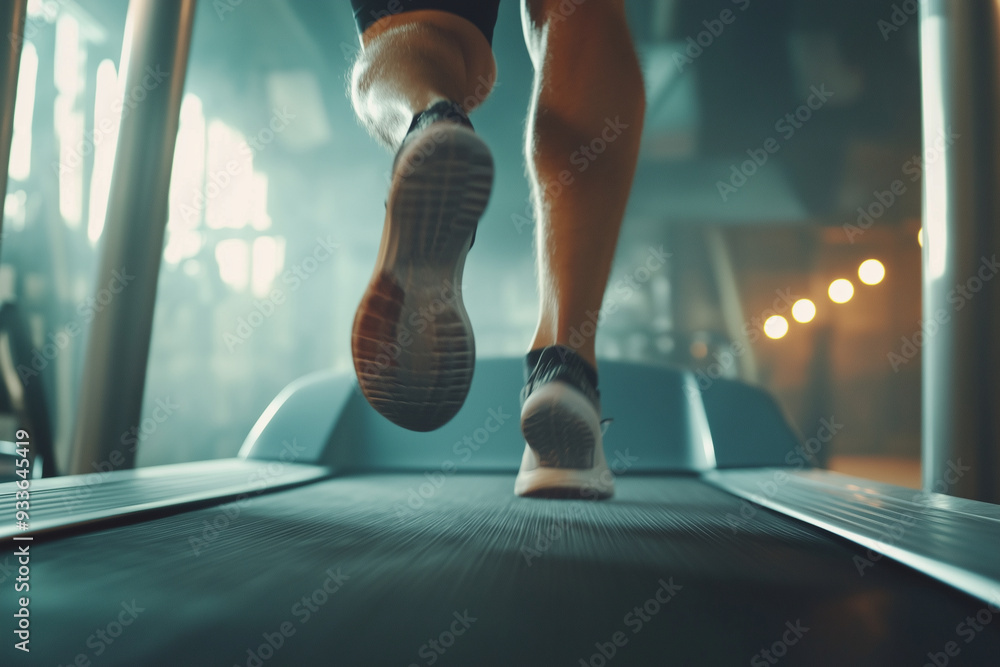 person running on a treadmill with their legs spread apart. Concept of ...