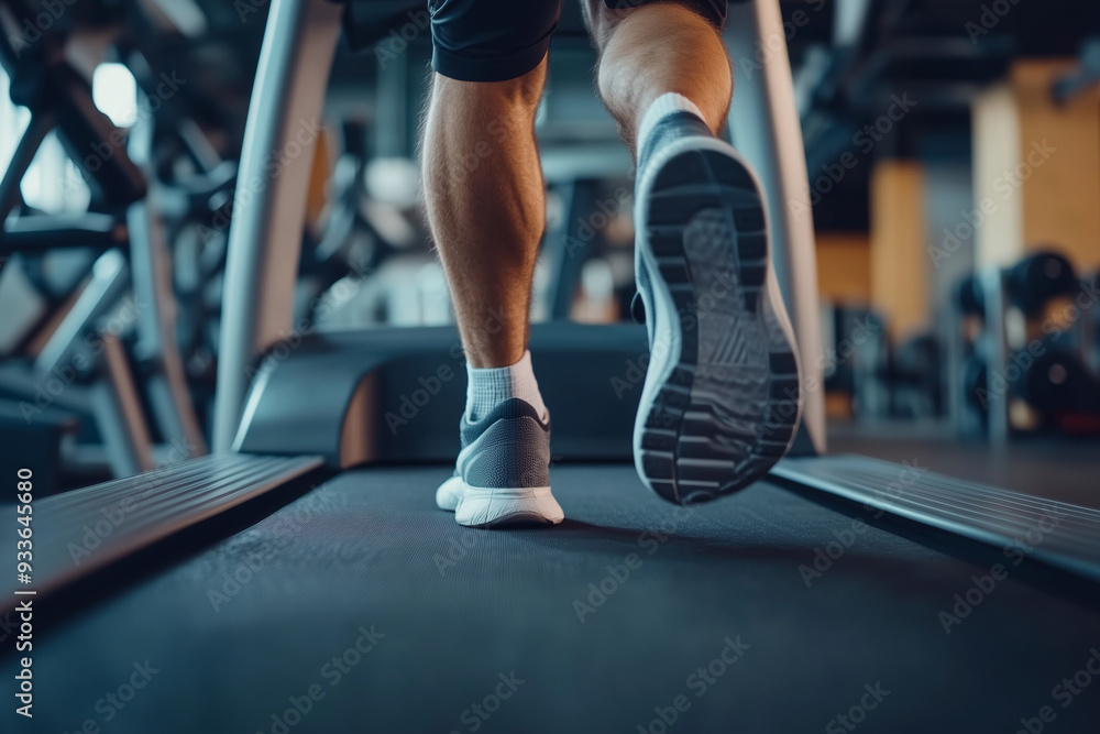 person running on a treadmill with their legs spread apart. Concept of ...