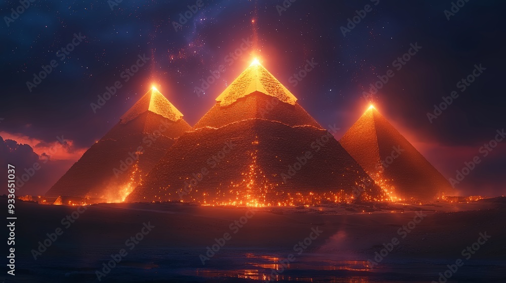 7. The Pyramids of Giza in Egypt, glowing with sapphire and gold ...