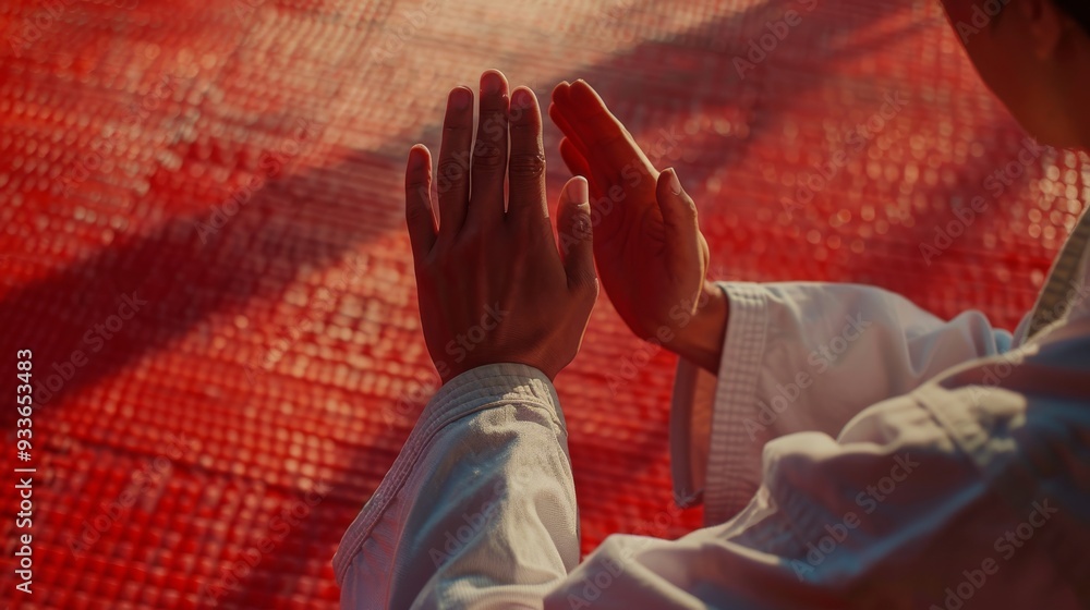 close-up of two hands clapping in mid-air, one wearing a white judo gi ...