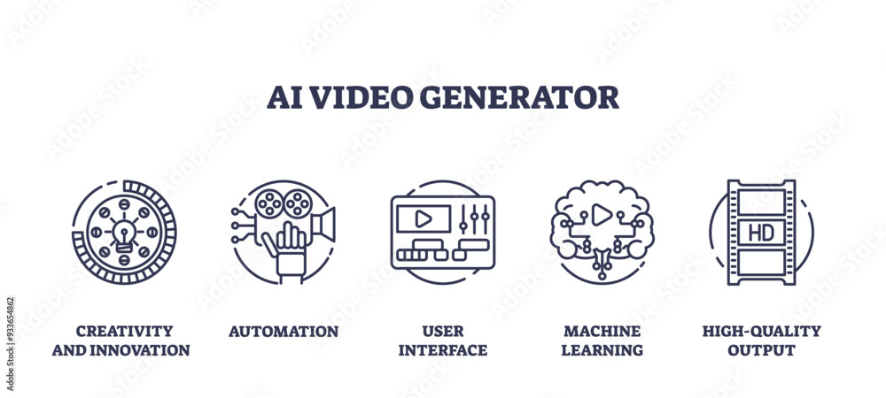 AI video generator as artificial intelligence movies outline icons ...