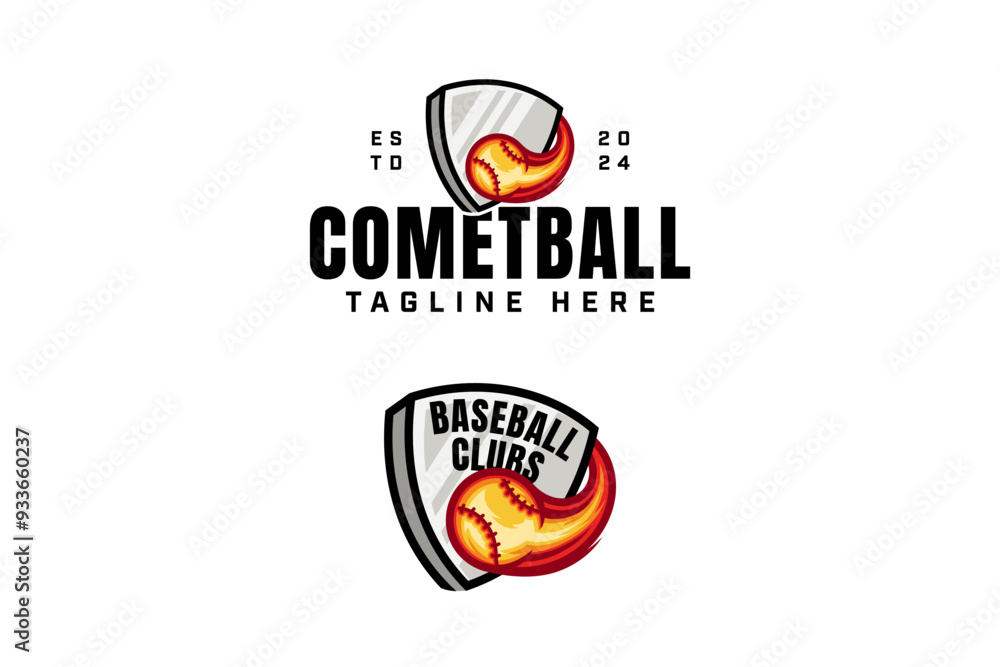 fiery baseball like a comet or meteor with an iron shield logo design ...