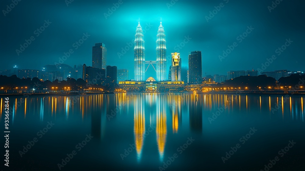 19. The Petronas Towers in Kuala Lumpur, Malaysia, adorned with teal ...
