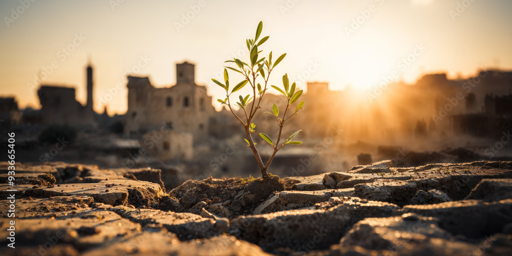 Olive tree growing among ruin in war zone, seed of hope, peace and life ...