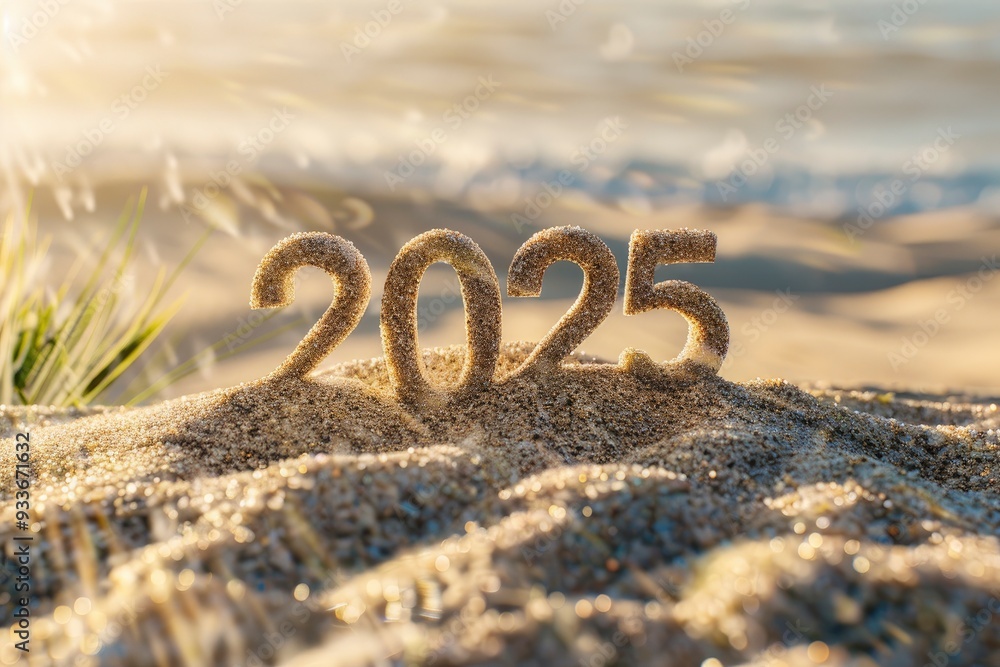 Happy new year. 2025 sand numbers on desert sunny landscape. A swirling ...