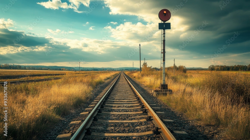 High-resolution view of a railway track with a signal post and railway ...