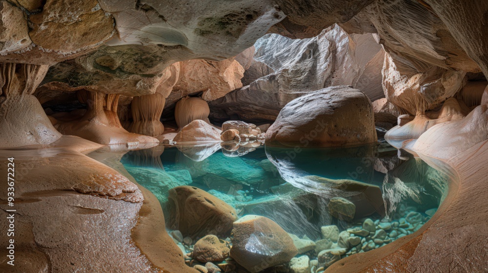 A deep cave features a series of breathtaking underground pools, with ...
