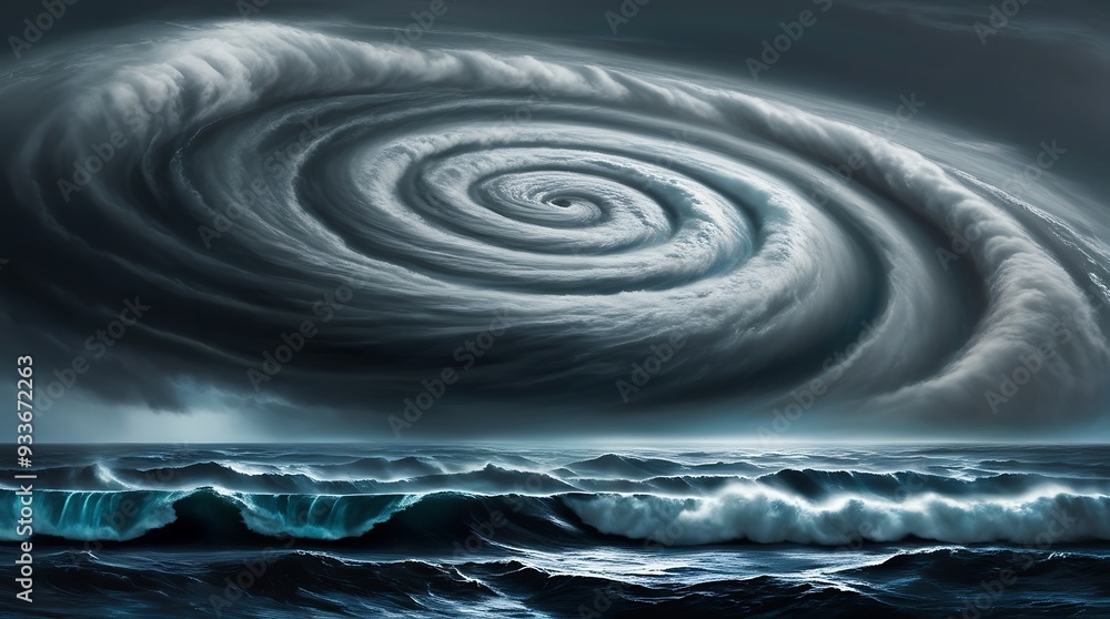 Create a dramatic image of a powerful cyclone swirling over the ocean ...