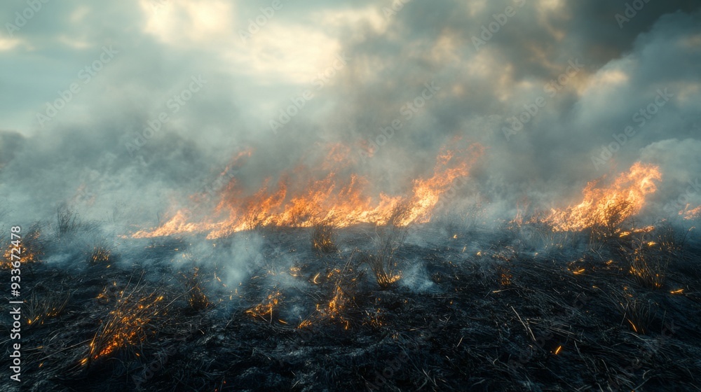High-resolution view of smoke spreading through a field, with a focus ...