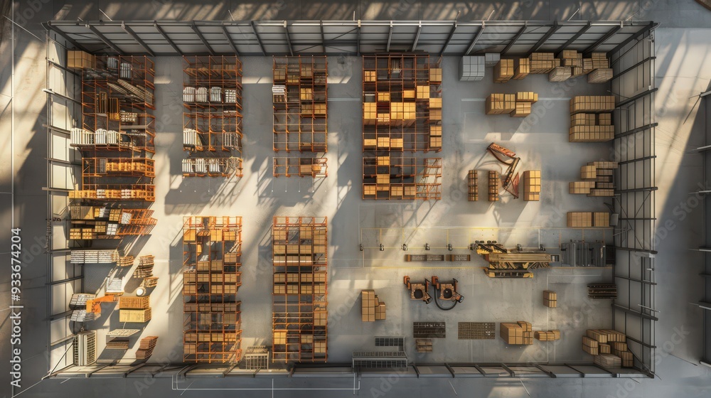 A detailed view of a warehouse floor plan with designated areas for ...