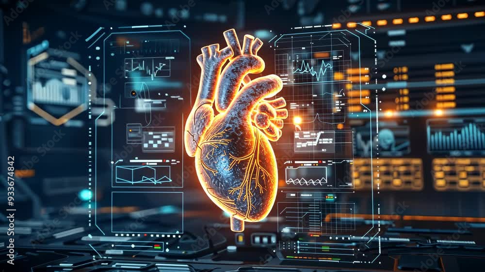 A digital representation of a human heart in a high-tech interface ...