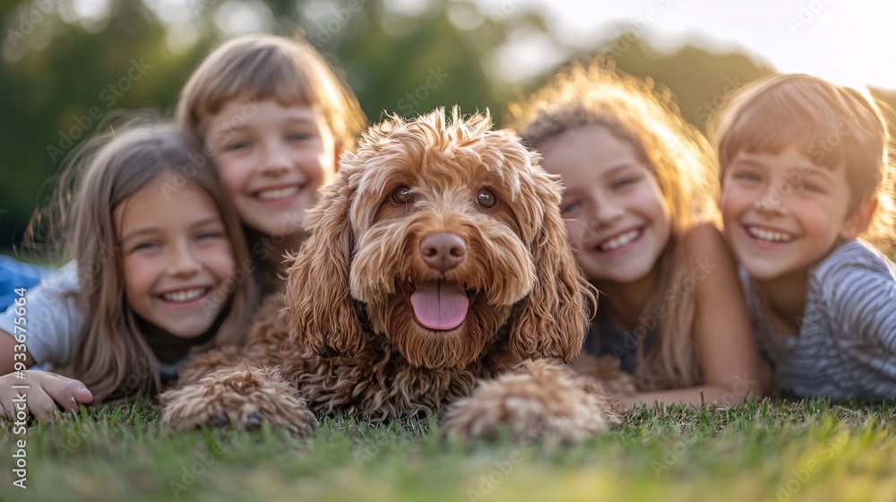 A group of children playing in a park with a dog interacting happily ...