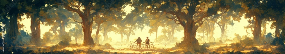 anime-style Enchanted Sunset Ride: Three Adventurers Cycling Through a ...