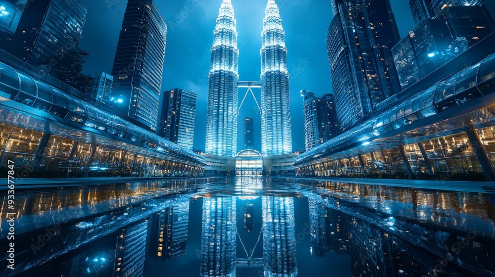 43. The Petronas Towers in Kuala Lumpur, Malaysia, glowing with blue ...