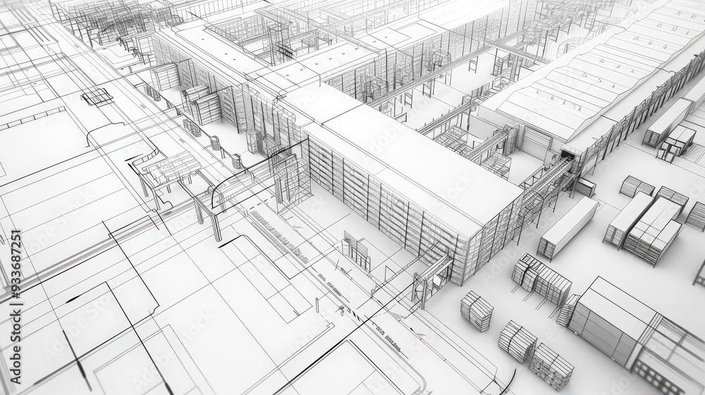 Detailed blueprint of a warehouse facility, including storage racking ...