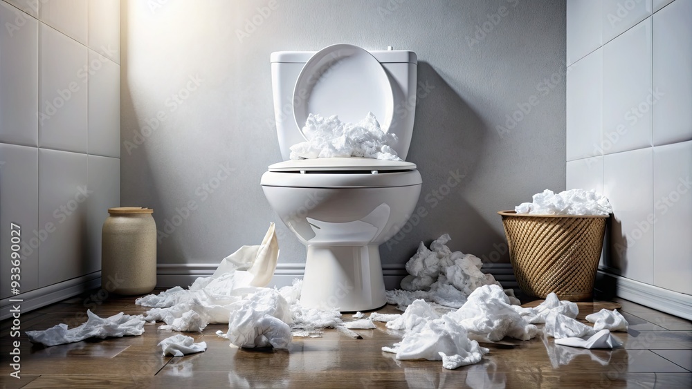 Overflowing toilet bowl with toilet paper and water surrounding the ...