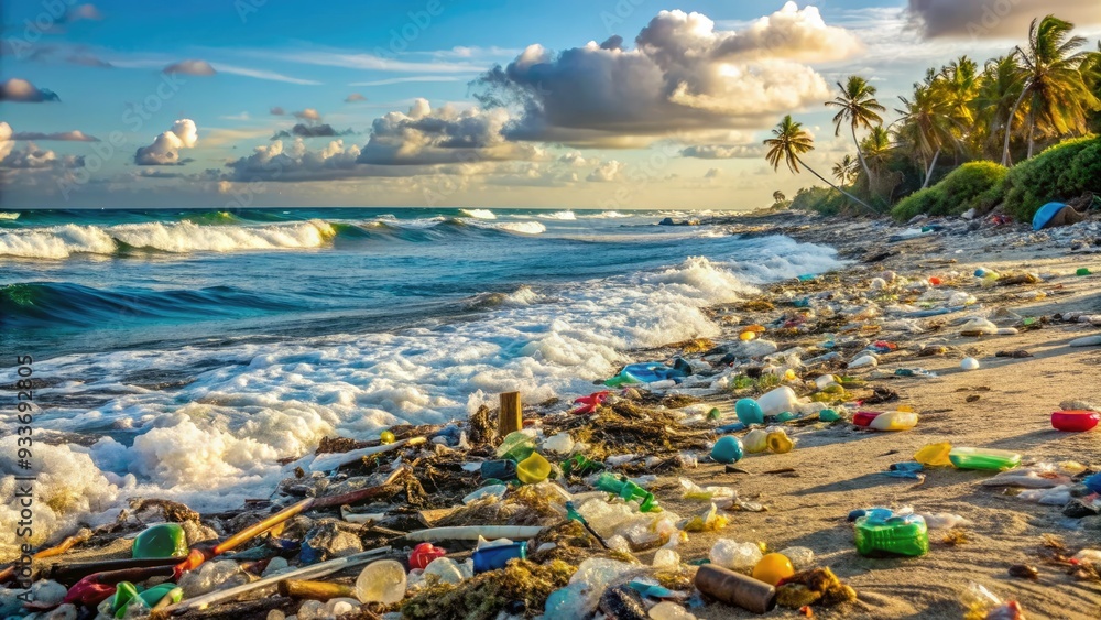 Polluted ocean waves crash against a littered beach with plastic waste ...