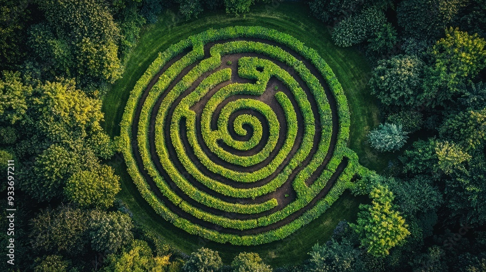 Aerial Perspective of Labyrinthine Hedge Maze Garden with Green Topiary ...