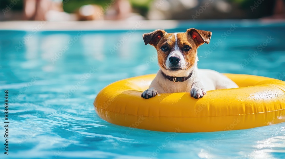 Dog floats on an inflatable ring in a pool. This stock photo is perfect ...