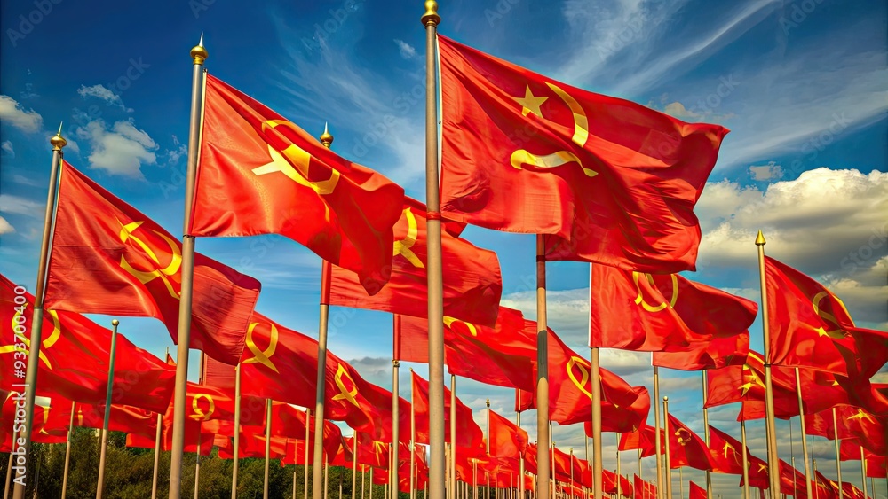 Retro Communist-era red flags with gold hammer and sickle emblems wave ...