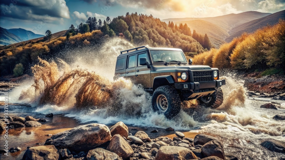 Rugged, lifted off-road truck navigates rocky terrain, splashing ...