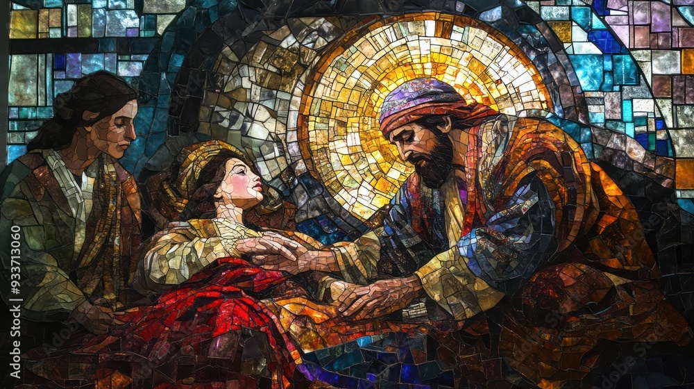 Photo Realistic image of a Colorful mosaic glass with scene of Jesus ...
