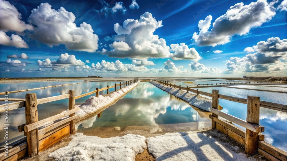 Rustic wooden salt farm gates overlook rows of shallow pools harvesting ...