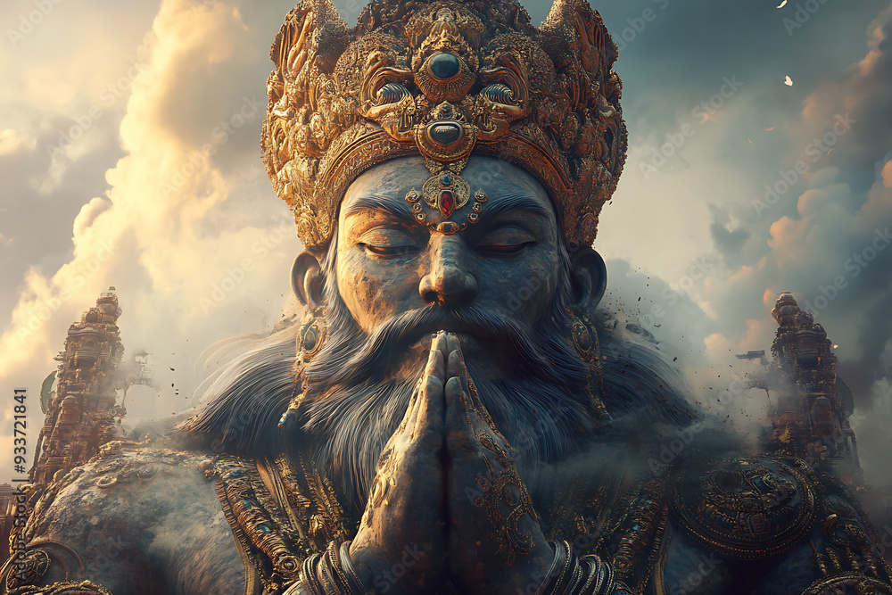 A depiction of Brahma, the Hindu god of creation, shown with his four ...