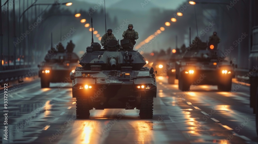 Nighttime military tank procession in the rain-lit street, soldiers ...