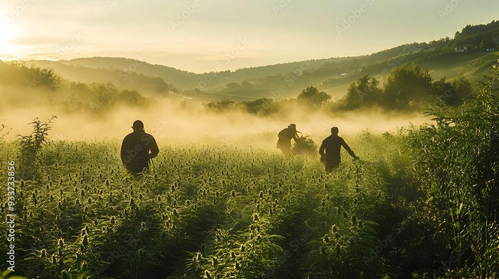 Farmers Carefully Harvesting Hemp Crop in the Misty Morning Light ...
